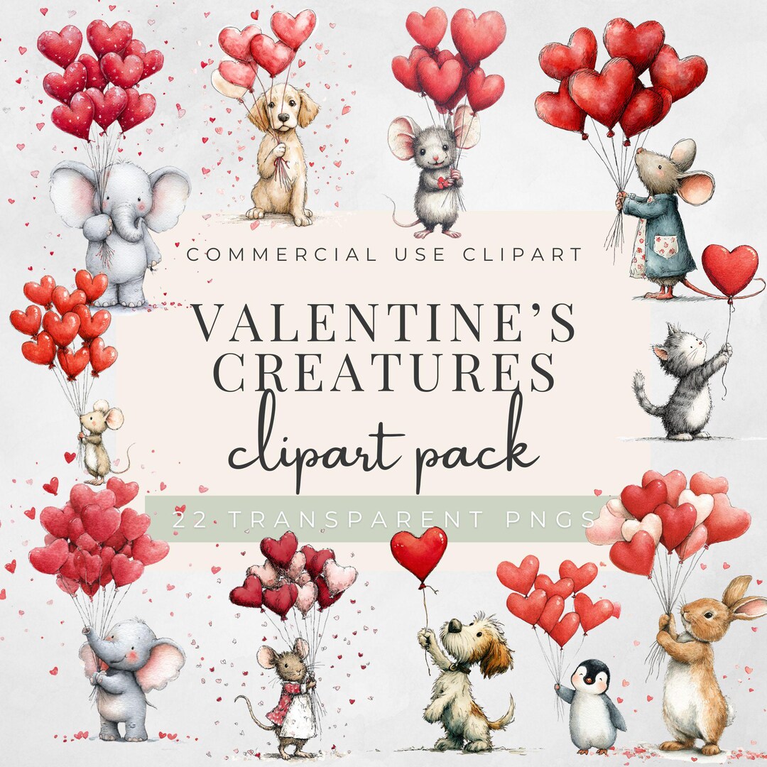 Valentine Animals Clipart PNG Bundle, 22 Cute Creatures With Heart ...