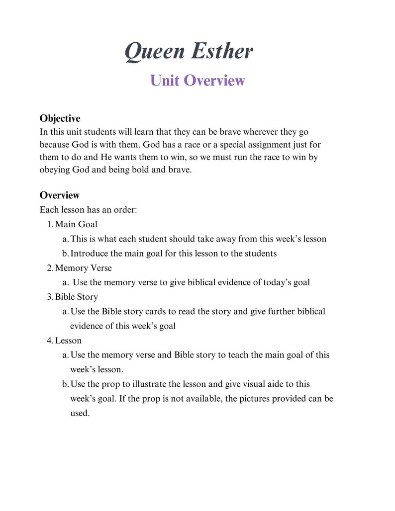 Queen Esther Bible Lesson: Sunday School Curriculum (printable) - Etsy