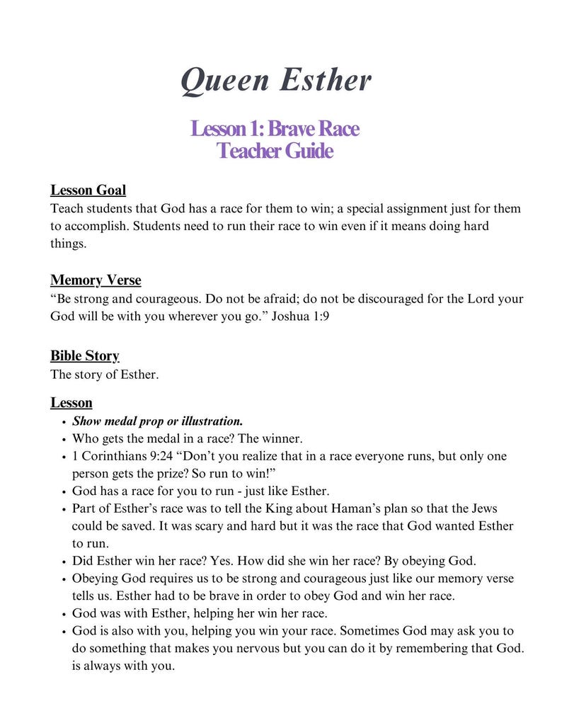 Queen Esther Bible Lesson: Sunday School Curriculum (printable) - Etsy
