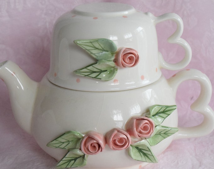 Vintage MUD PIE TEAPOT Pink Rose Tea for One Teacup Serving Kitchen ...