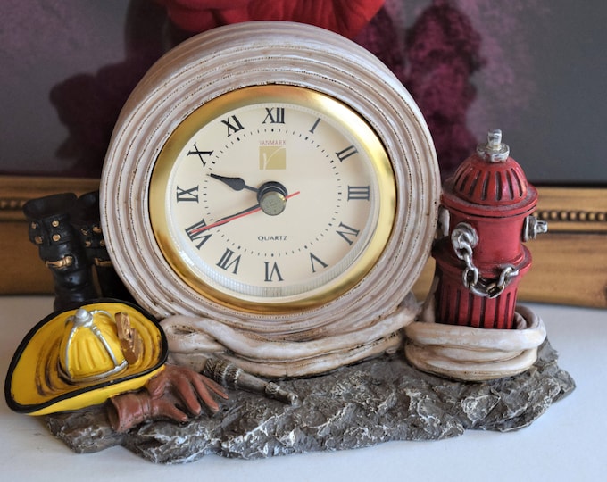 FIREFIGHTER DESK CLOCK Vanmark Red Hats of Courage Fireman Fire Man ...