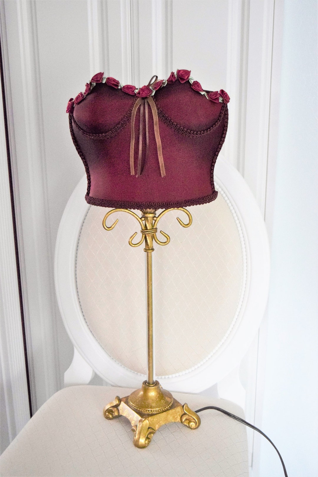 Boudoir Rose Bustier Corset Lamp Mannequin Dress Form Burgundy Rose Shade French Torso Bust