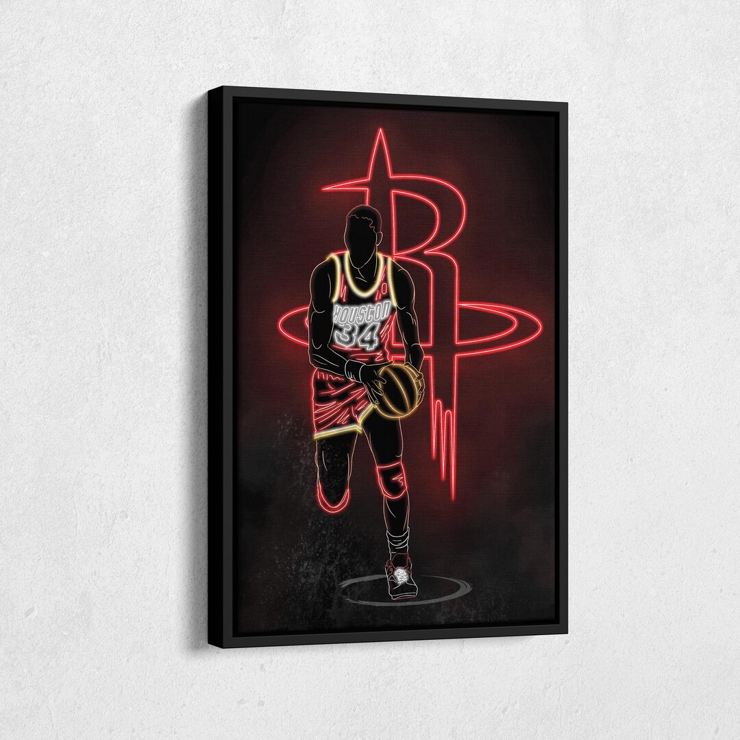 Hakeem Olajuwon Poster Neon Effect Houston Rockets Basketball Canvas ...