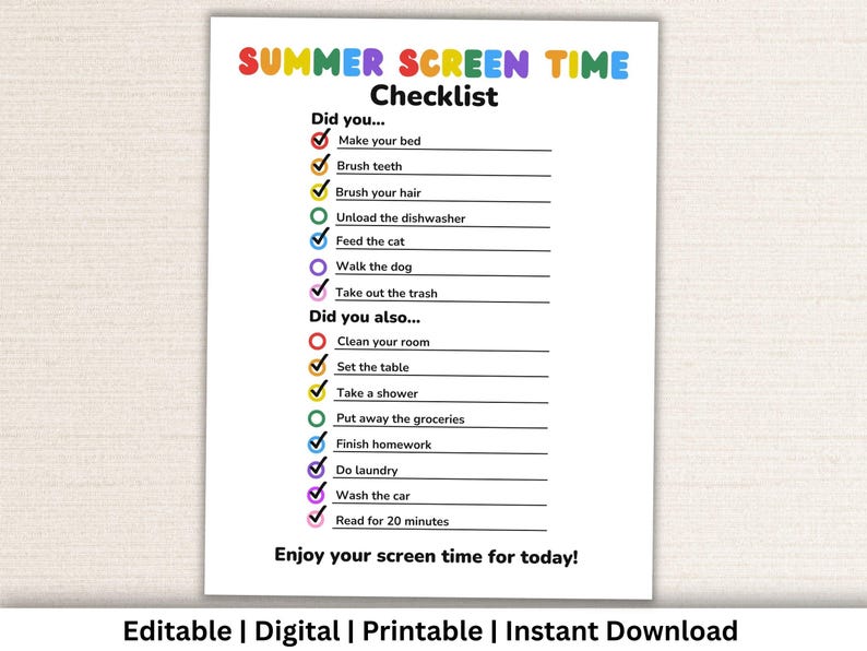 Summer Screen Time Checklist, Screen Time Chart, Editable Chore Chart ...