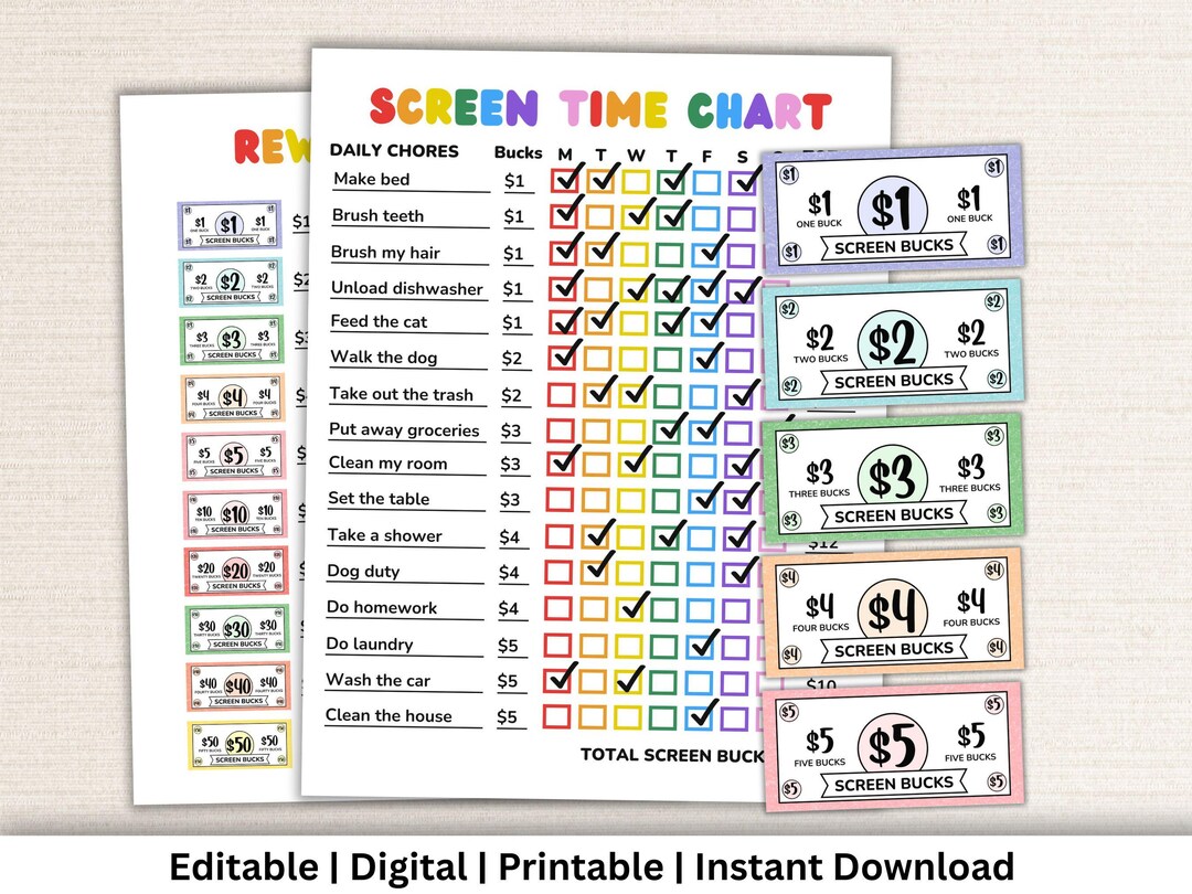 Screen Time Chart, Editable Chore Chart, for Kids, Mom Bucks, Reward ...