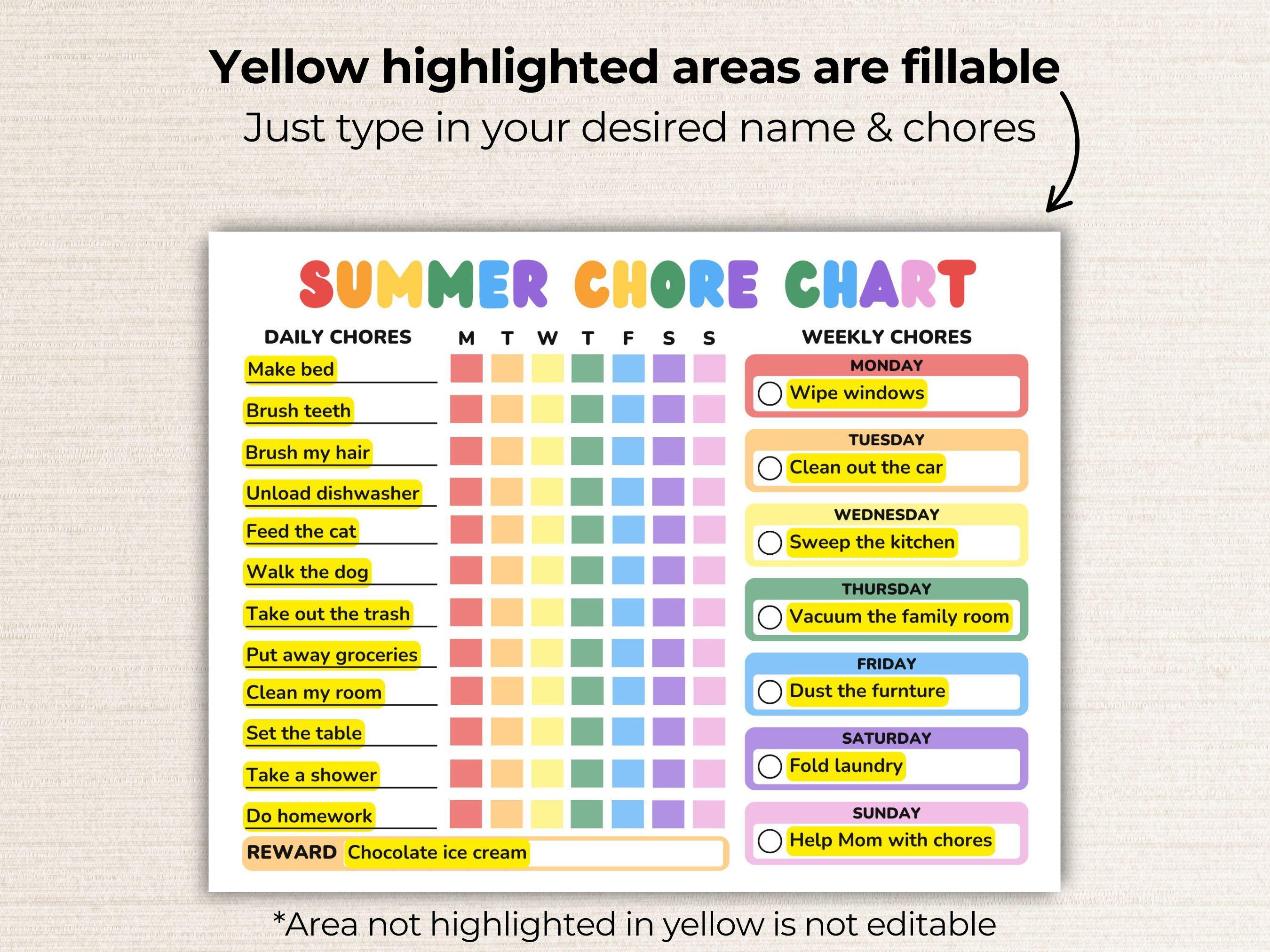 Summer Chore Chart for Kids, Summer Chore Chart, Editable Chore Chart ...
