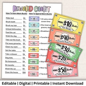 EDITABLE Chore Chart, for Kids, Mom Bucks, Reward Bucks, Kids Chore ...