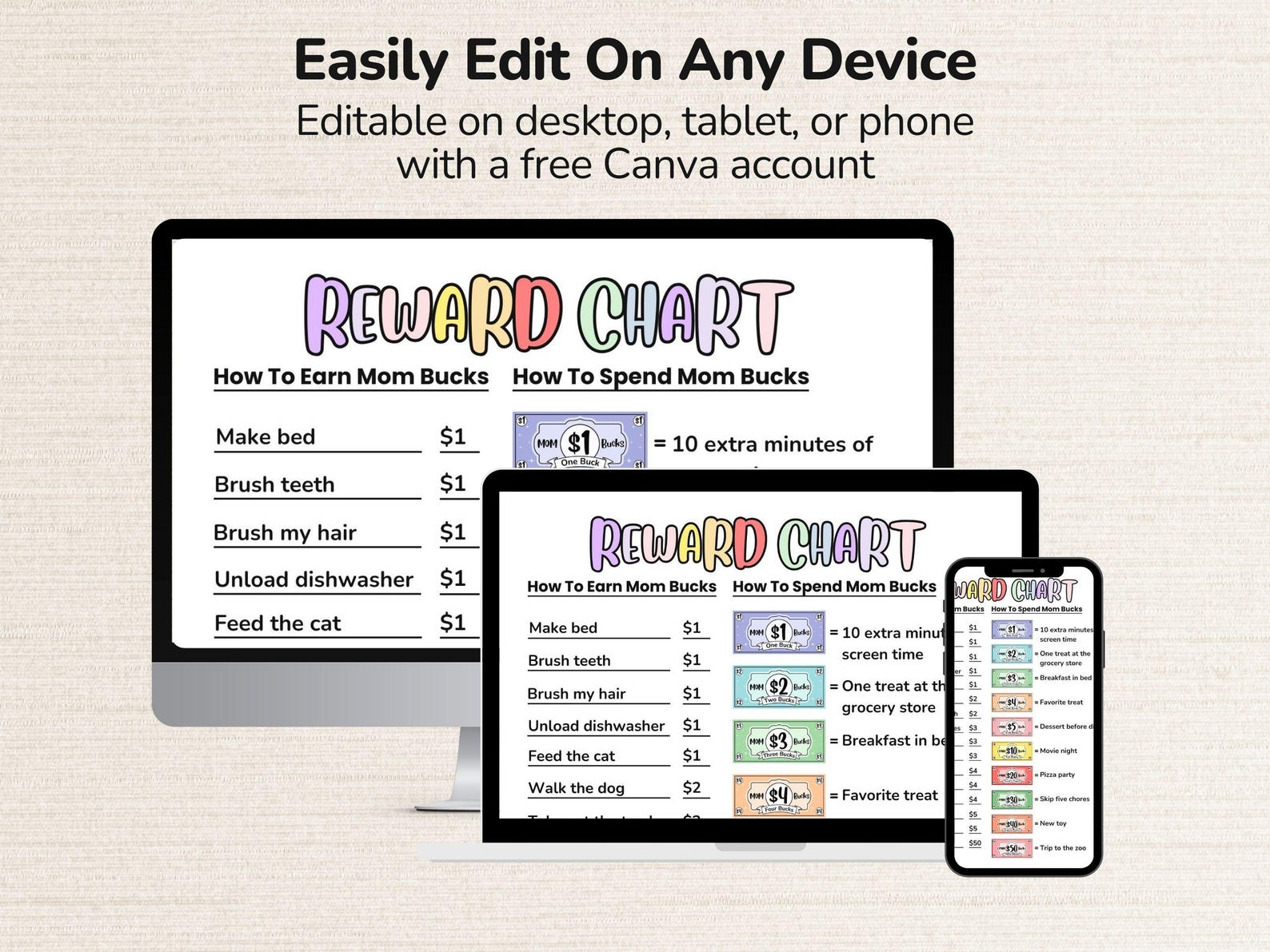 EDITABLE Chore Chart, for Kids, Mom Bucks, Reward Bucks, Kids Chore ...