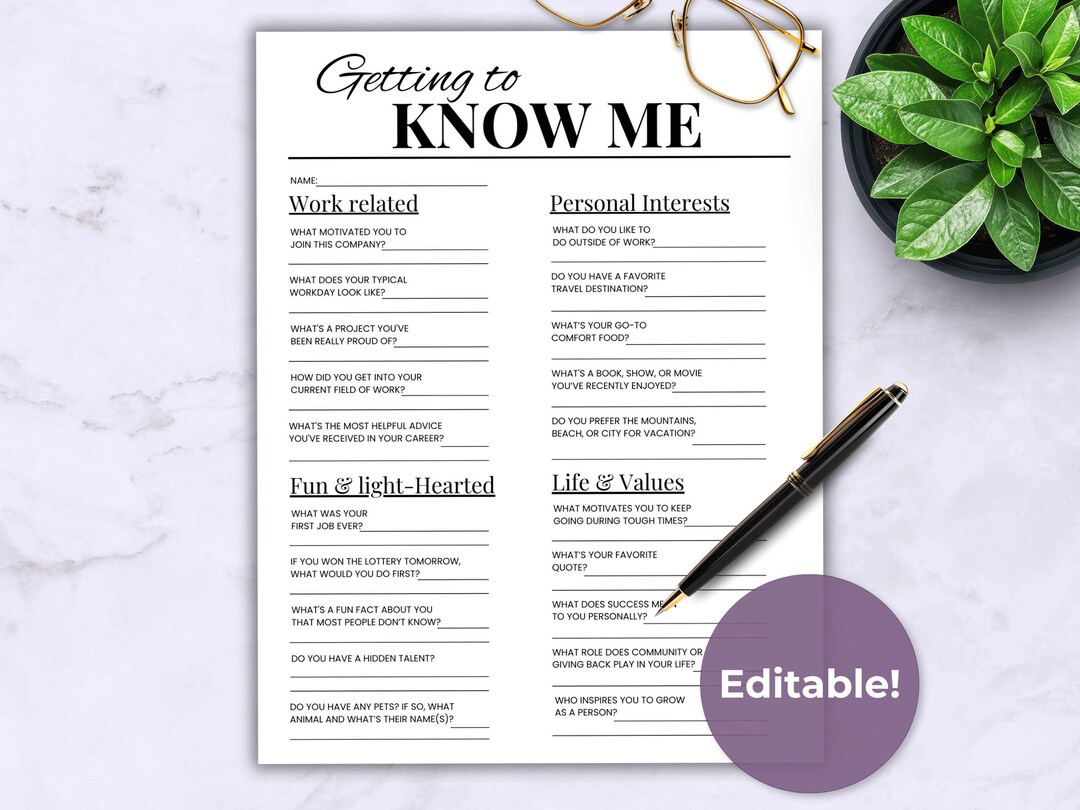 Team Building Get to Know Me Questionnaire Printable, All About Me ...
