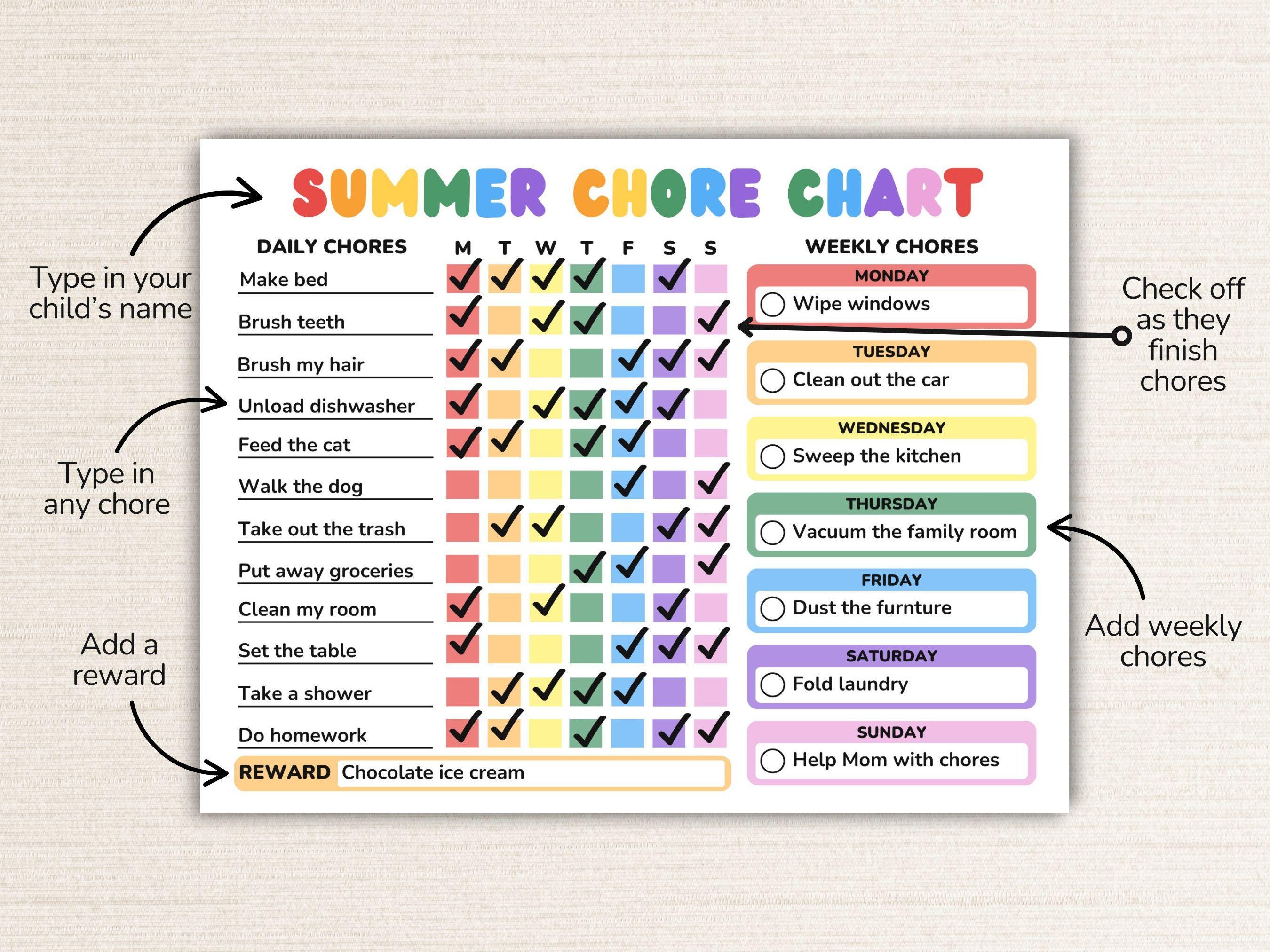 Summer Chore Chart for Kids, Summer Chore Chart, Editable Chore Chart ...
