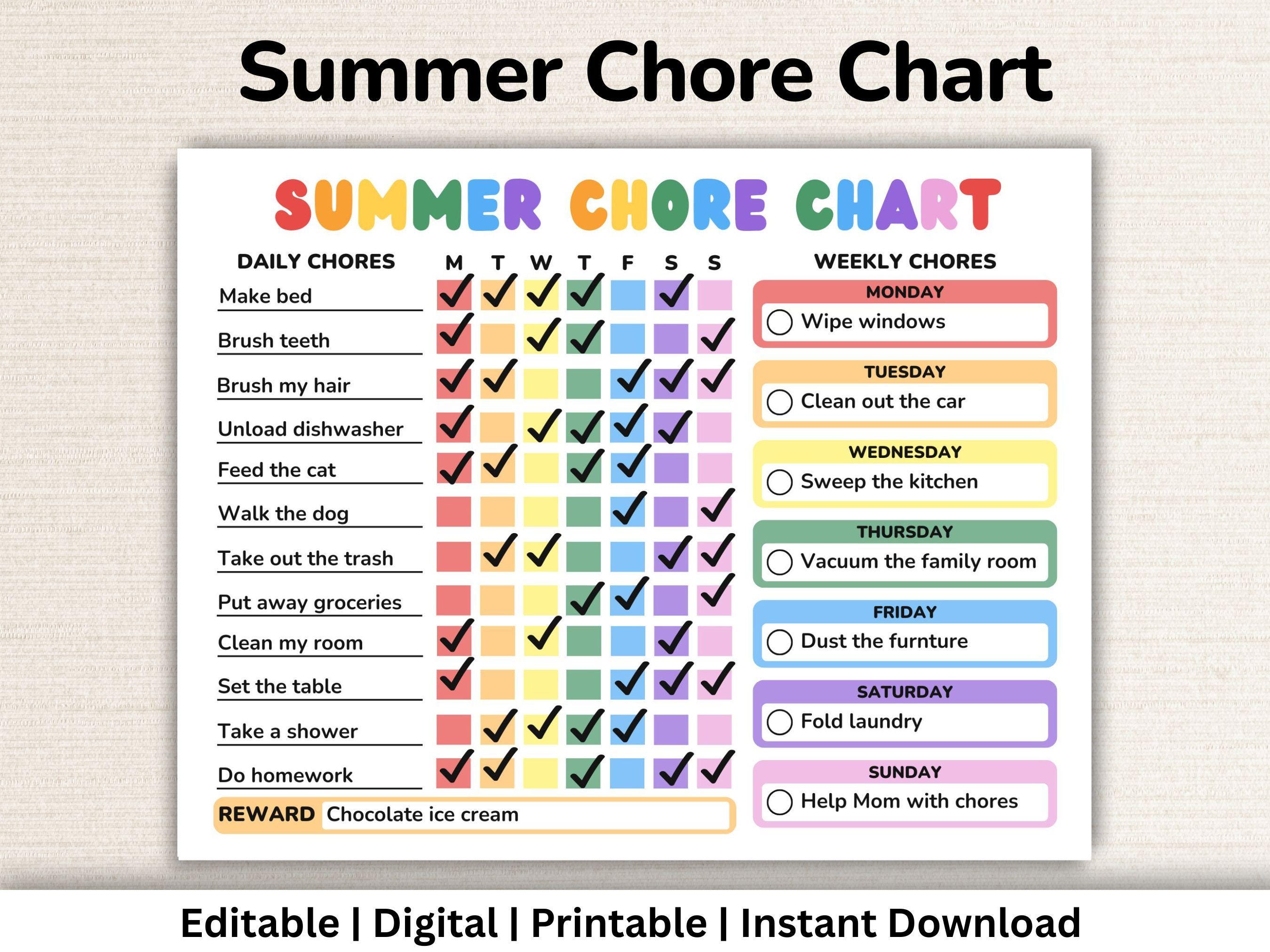 Summer Chore Chart for Kids, Summer Chore Chart, Editable Chore Chart ...