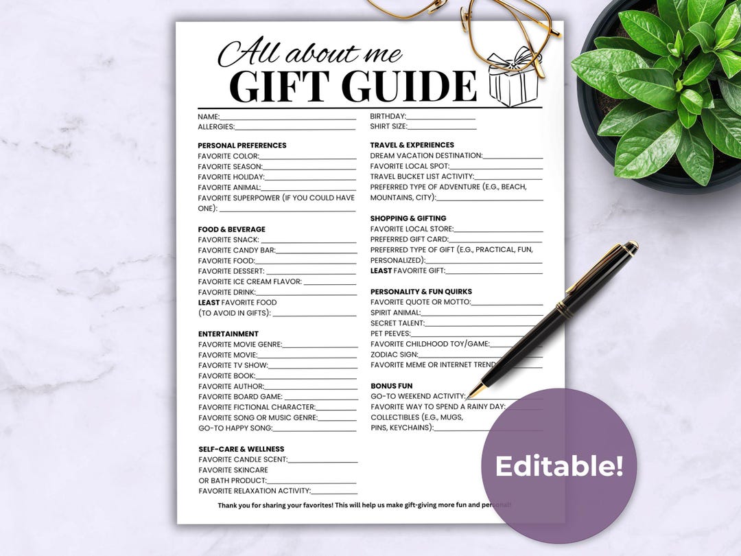 All About Me Gift Guide Editable Printable, Team Building Get to Know Me Questionnaire Editable ...