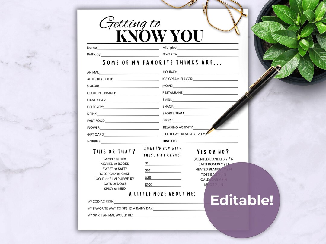 Getting to Know You Editable Survey, All About Me, Team Building Get to ...