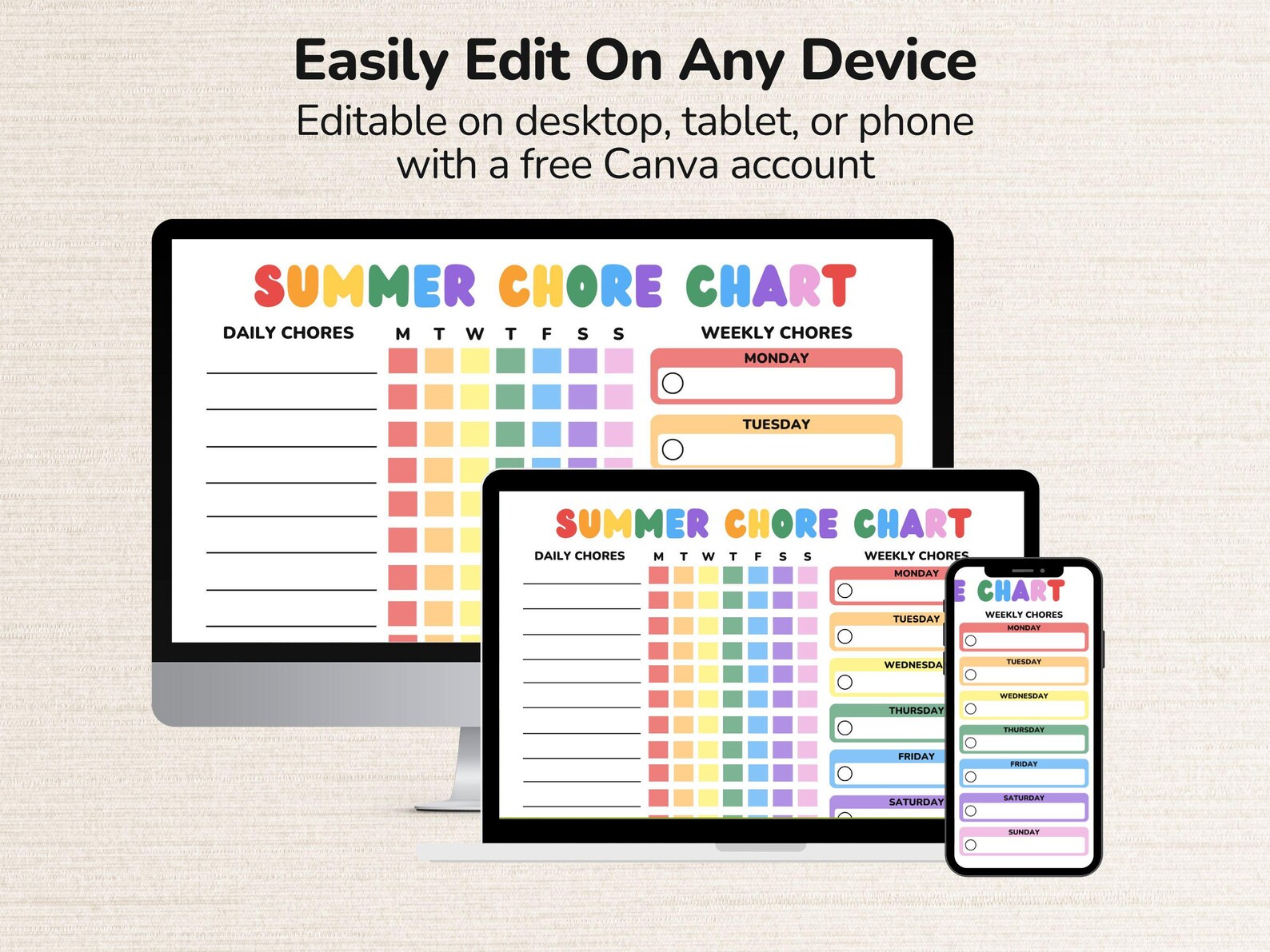 Summer Chore Chart for Kids, Summer Chore Chart, Editable Chore Chart ...