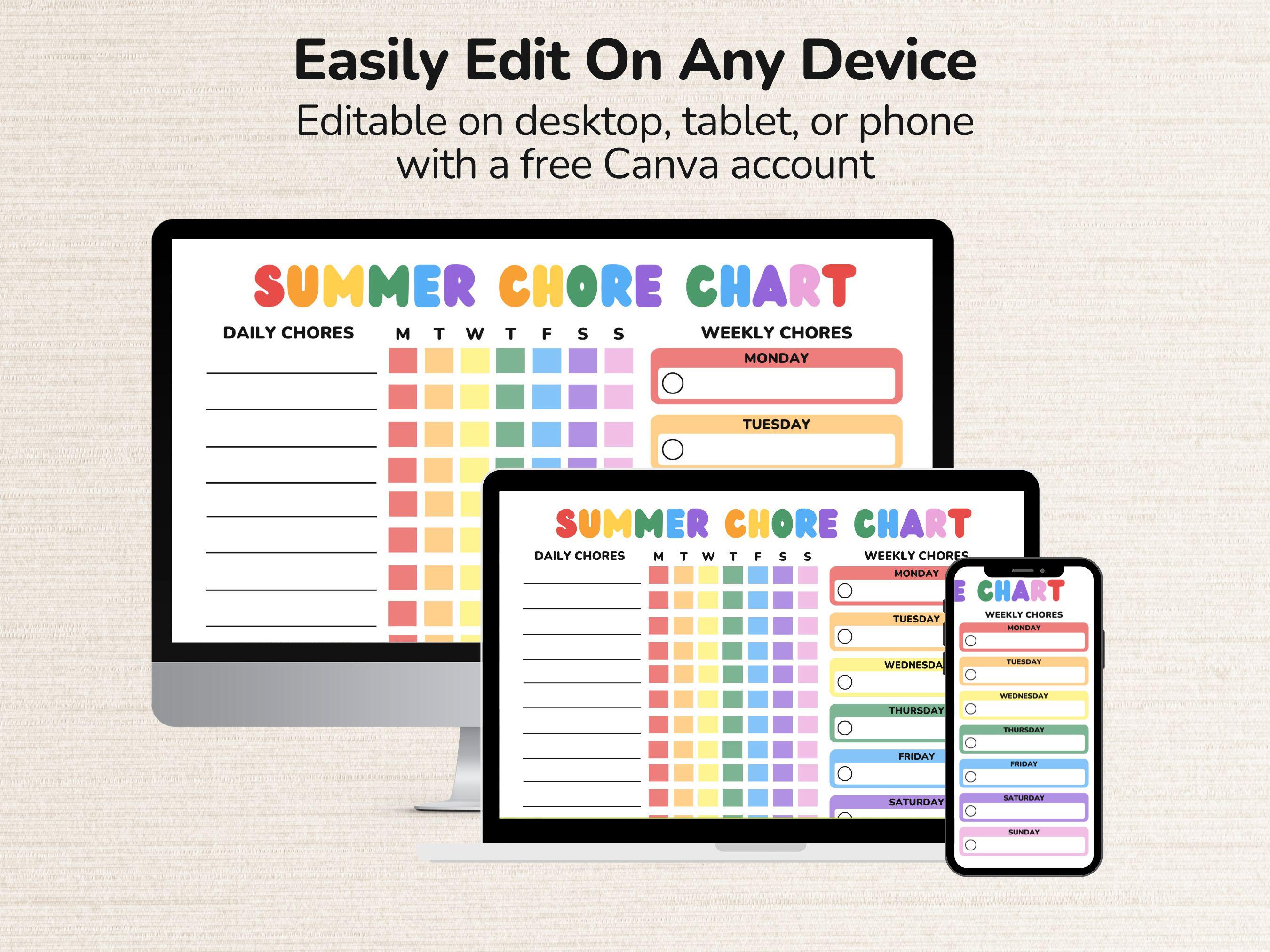 Summer Chore Chart for Kids, Summer Chore Chart, Editable Chore Chart ...