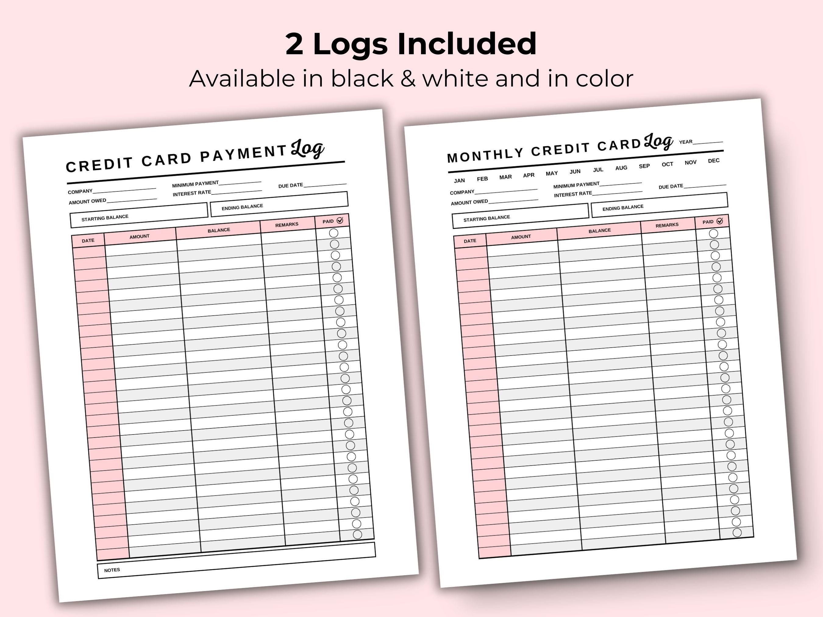 Monthly Credit Card Payment Log, Credit Card Debt Tracker, Bill Payment ...