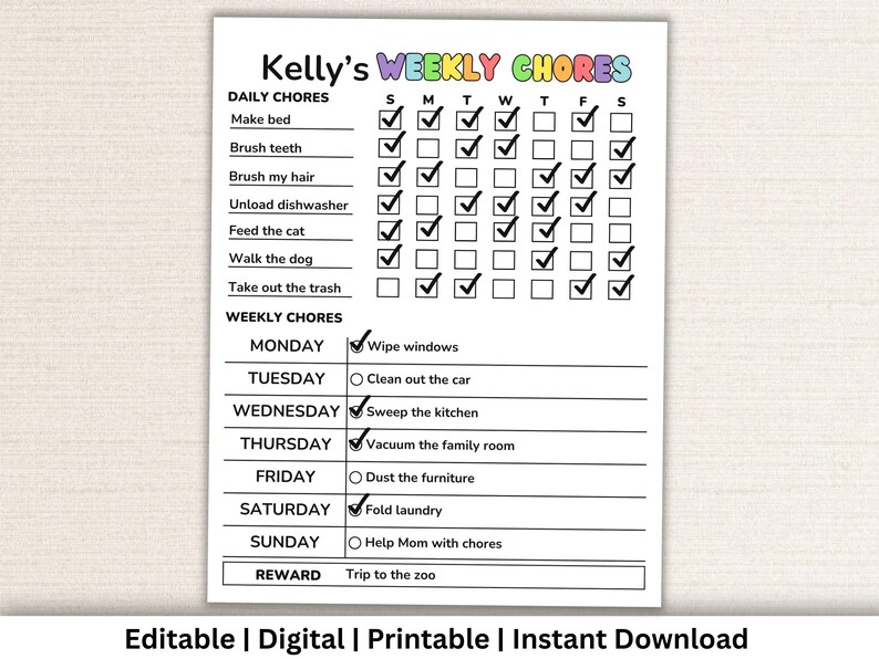 EDITABLE Chore Chart, for Kids, Kids Chore Chart, Chore Chart for Kids ...