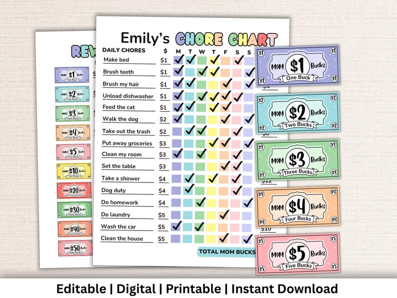 EDITABLE Chore Chart, for Kids, Mom Bucks, Reward Bucks, Kids Chore ...