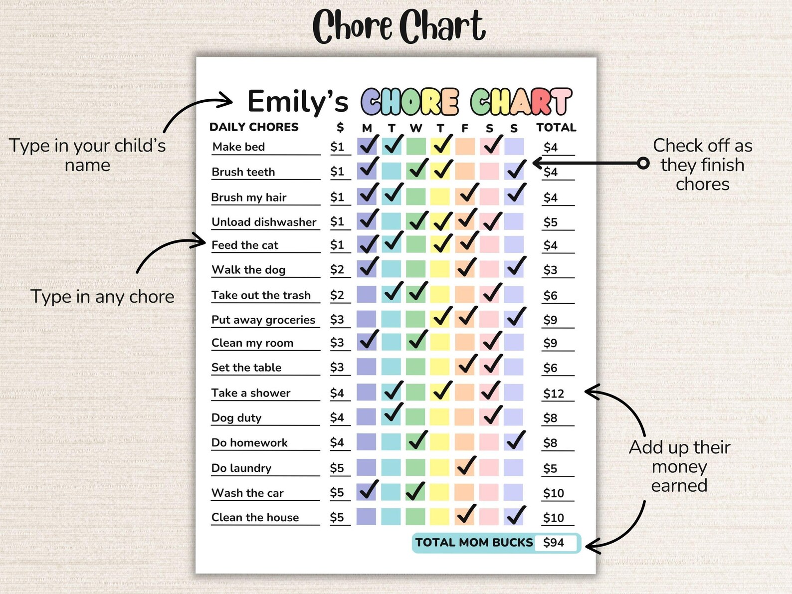 EDITABLE Chore Chart, for Kids, Mom Bucks, Reward Bucks, Kids Chore ...