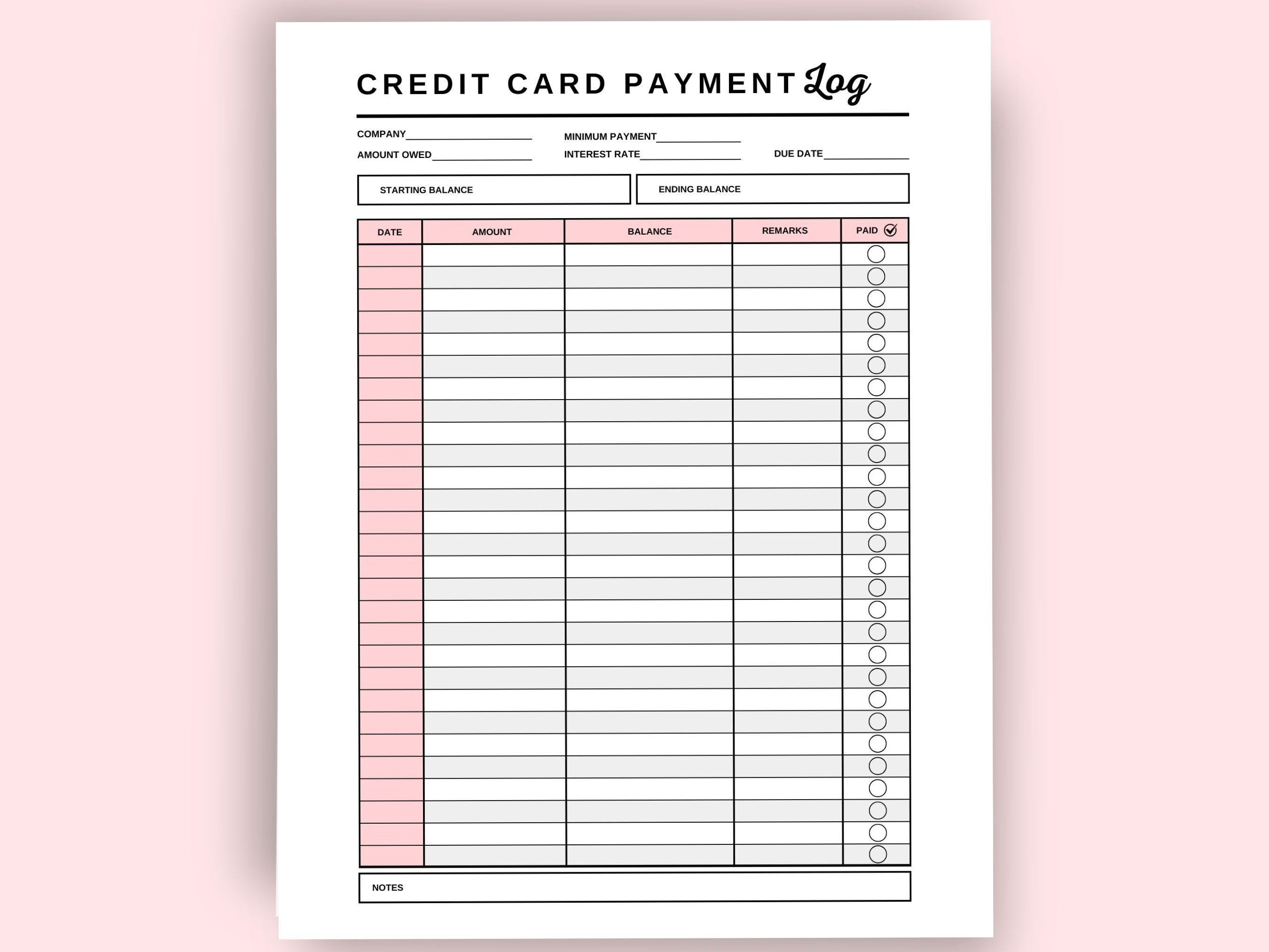 Monthly Credit Card Payment Log, Credit Card Debt Tracker, Bill Payment ...