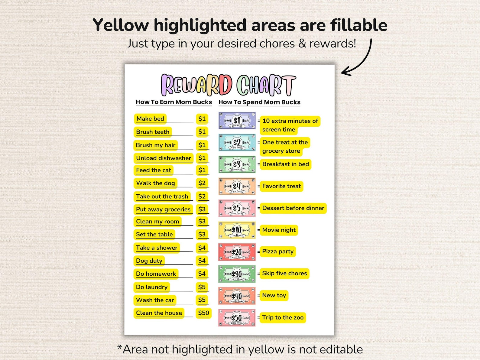 EDITABLE Chore Chart, for Kids, Mom Bucks, Reward Bucks, Kids Chore ...