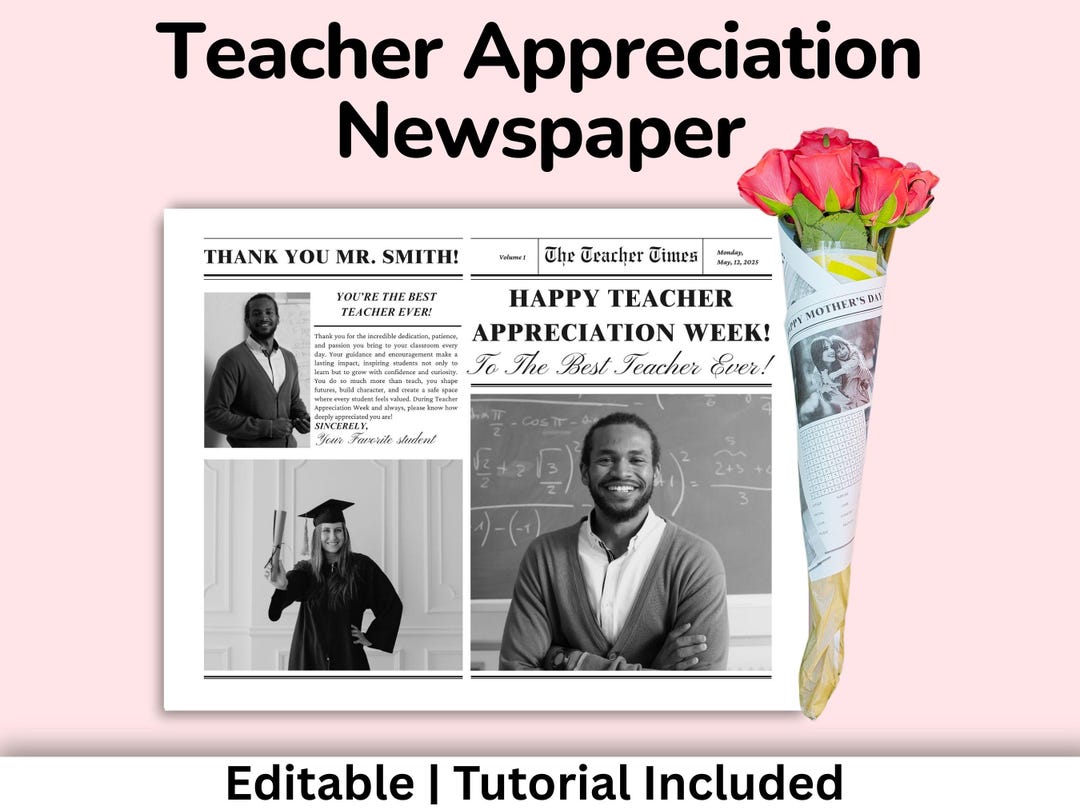 Editable Teacher Appreciation Week Newspaper Template, Personalized ...