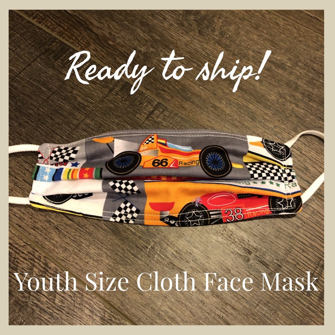 Youth Sized Race Car Cloth Face Mask | Washable | 2 Layers | Reusable ...