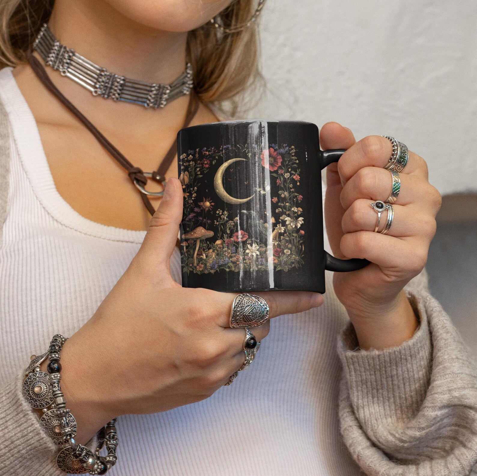 Crescent Moon and Wildflower Raven Mug, Dark Cottagecore Design Mug ...