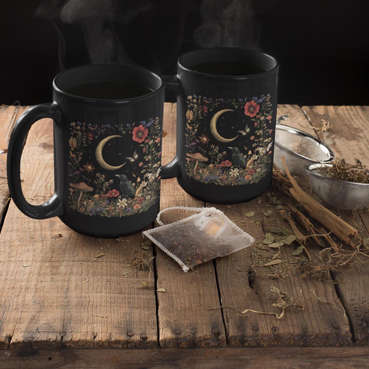 Crescent Moon and Wildflower Raven Mug, Dark Cottagecore Design Mug ...