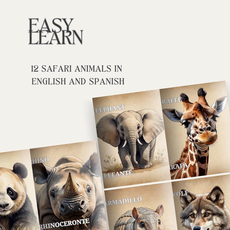 Bilingual Safari Animal Flashcards for Kids, English & Spanish Learning ...