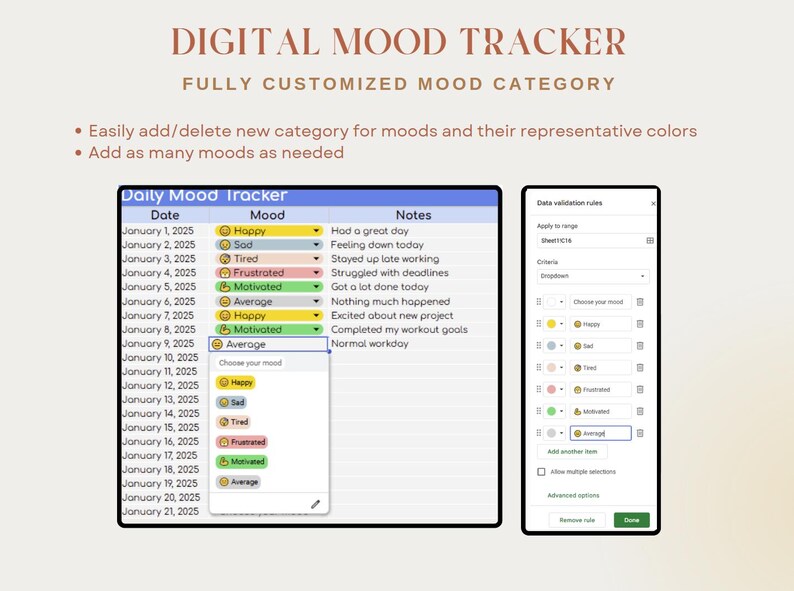 Digital Mood Tracker, Printable Mood Journal, Google Sheets Template ...