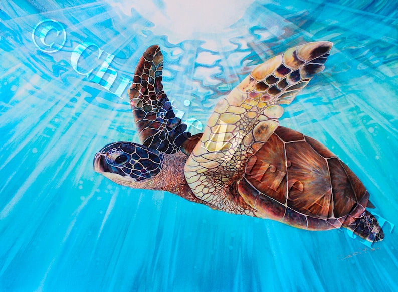 Original Hawaiian Sea Turtle Art Watercolor Painting Gemstone Paints ...