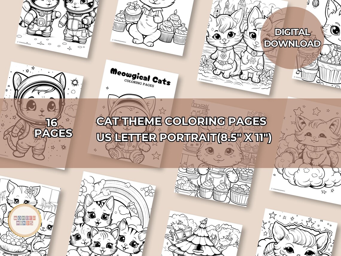 16 Cute Cat Theme Coloring Pages for Kids, Cat Coloring Pages, Coloring ...