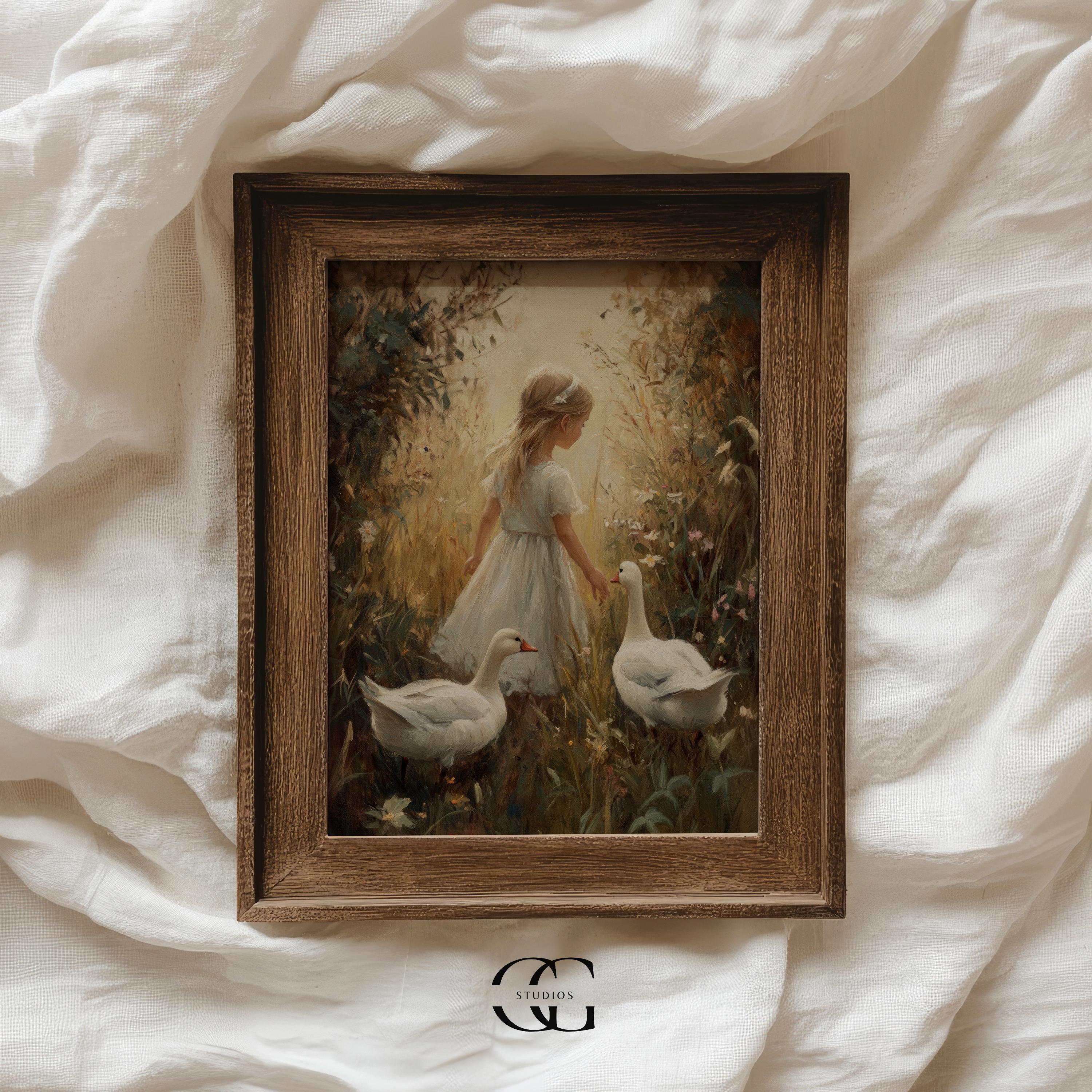 Girl With Geese Cottage Core Art French Country Decor, Vintage Nursery ...