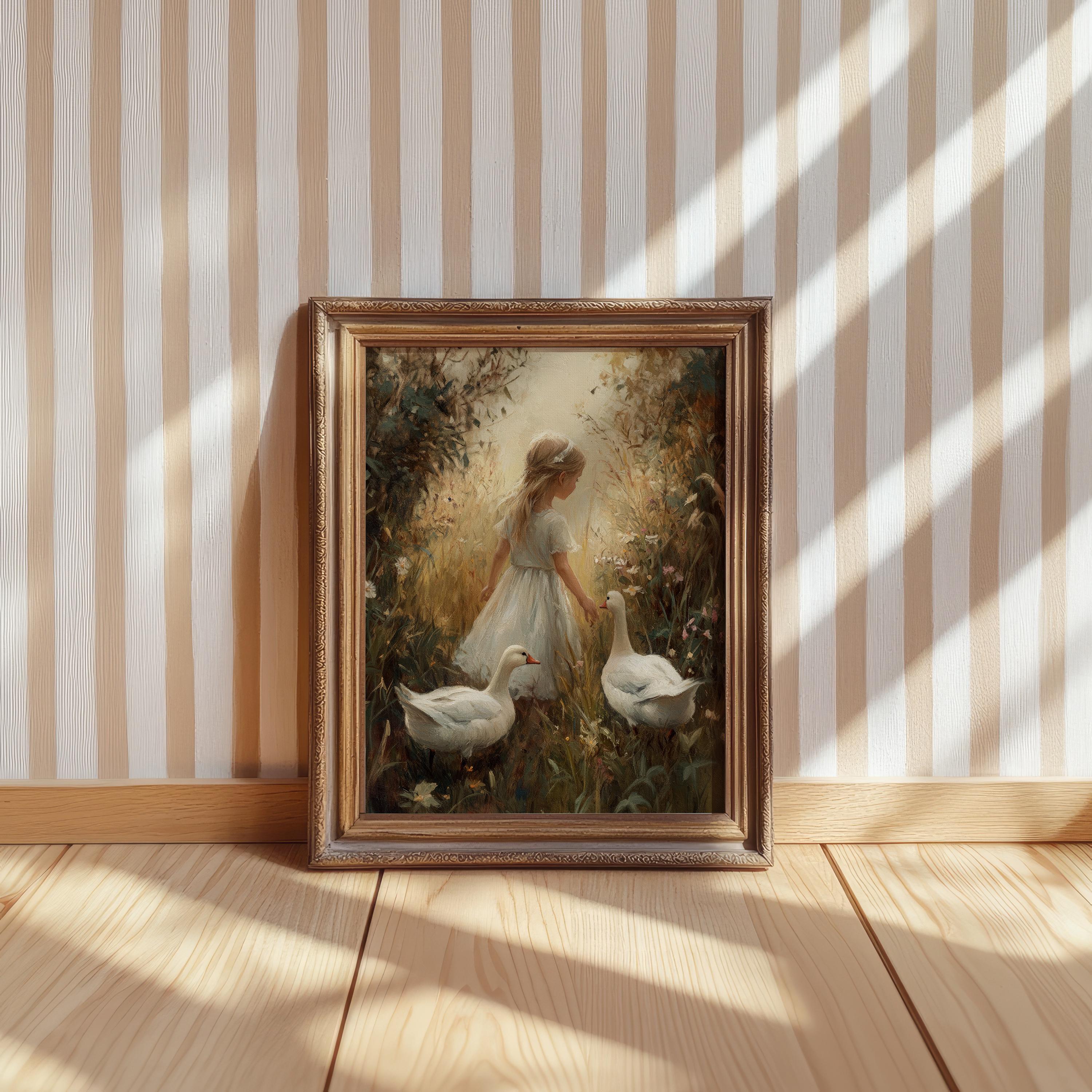 Girl With Geese Cottage Core Art French Country Decor, Vintage Nursery ...