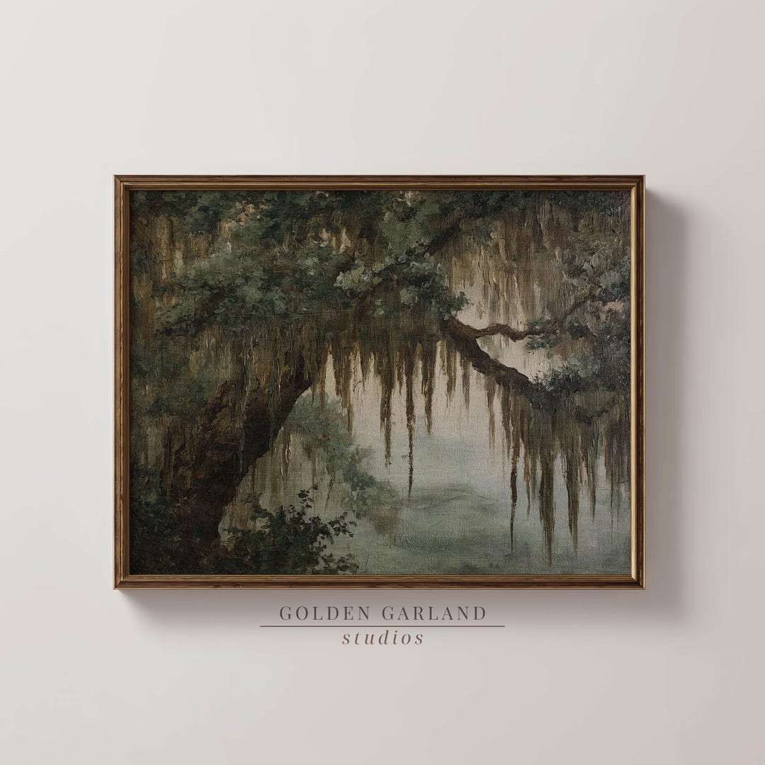 Spanish Moss Hanging From an Oak Tree Art Antique Painting Forest Decor ...