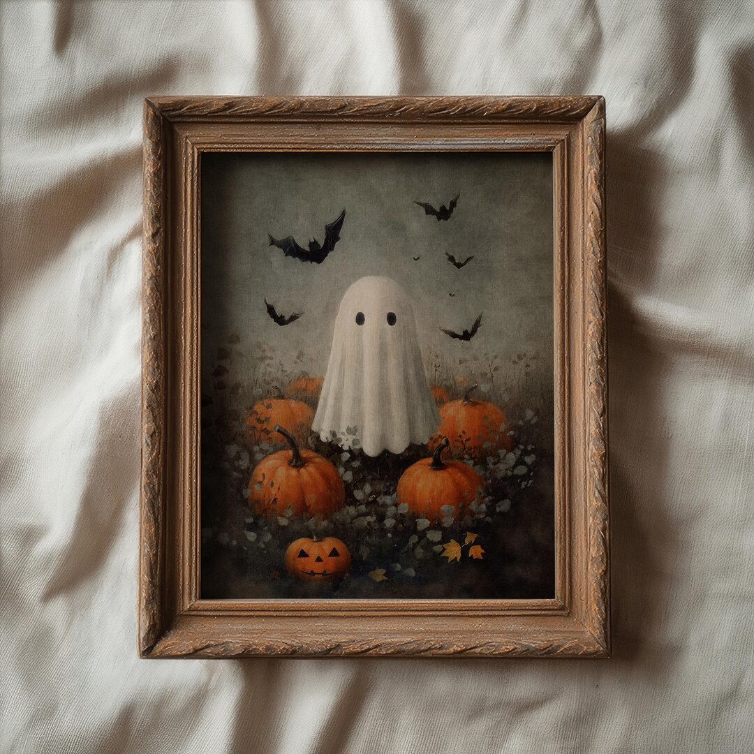 Cute Ghost in Pumpkin Patch Halloween Decor, Farmhouse Wall Art Pumpkin ...