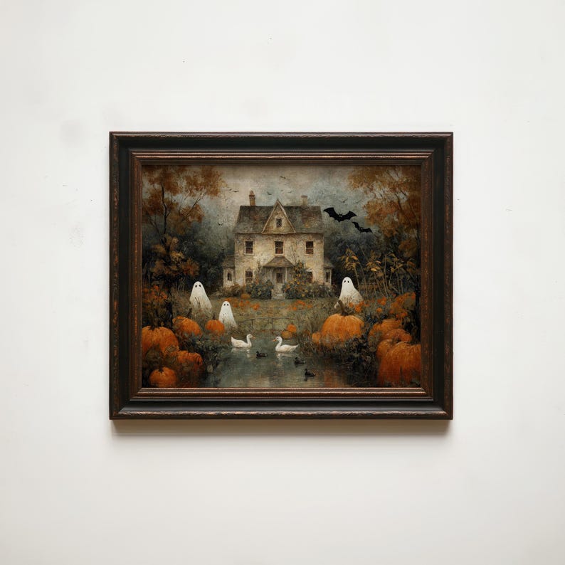 Ghost Art Haunted Mansion Halloween Painting Primitive Decor, Autumn ...