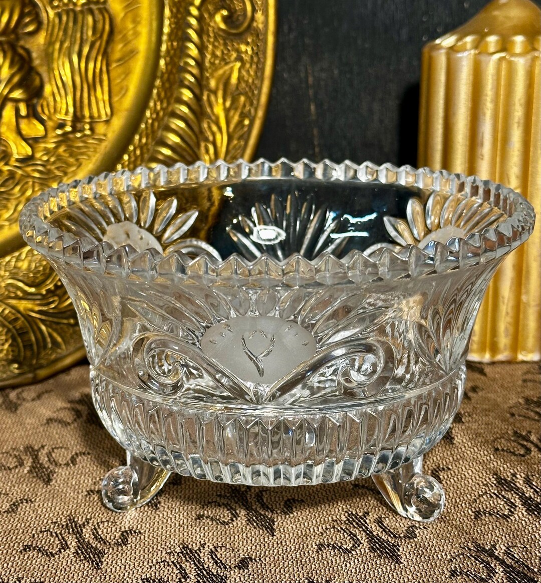 Vintage Etched Lead Crystal Glass Candy Floral 3 Footed Tulip Base ...