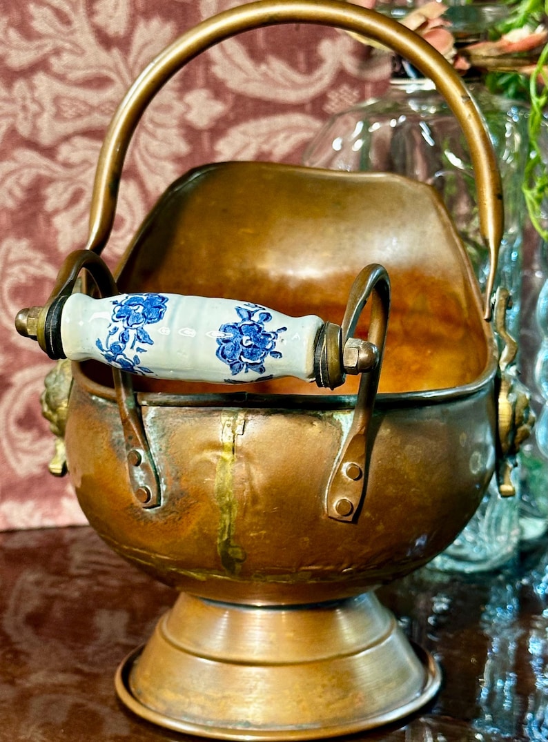 Vintage Copper and Brass Coal Scuttle Bucket Blue Delft Porcelain ...