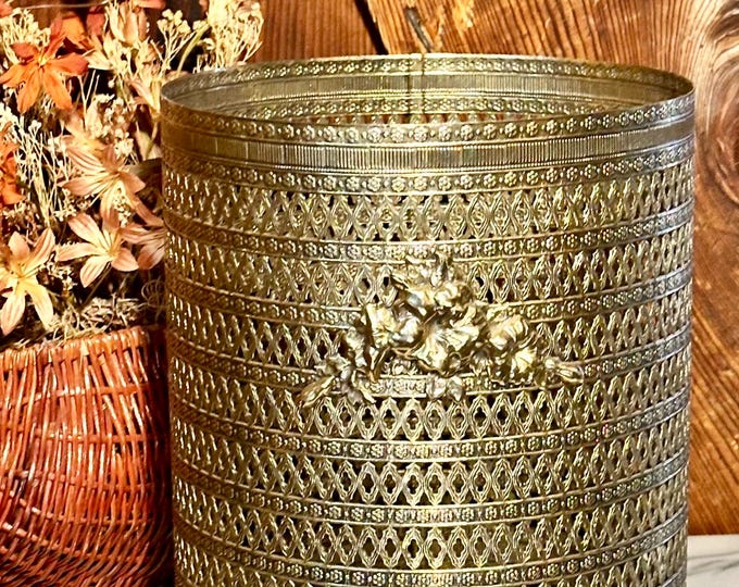Vintage Hollywood Regency Waste Basket Trash Can Floral Gold Filigree ...