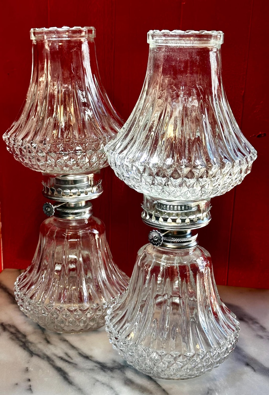 Vintage Pair Lamplight Farms Bordeaux Oil Lamp Crystal Diamond Cut Set ...