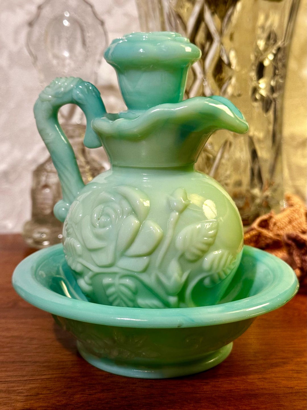 Vintage Avon Turquoise Green Milk Glass Pitcher and Bowl Bath Oil - Etsy