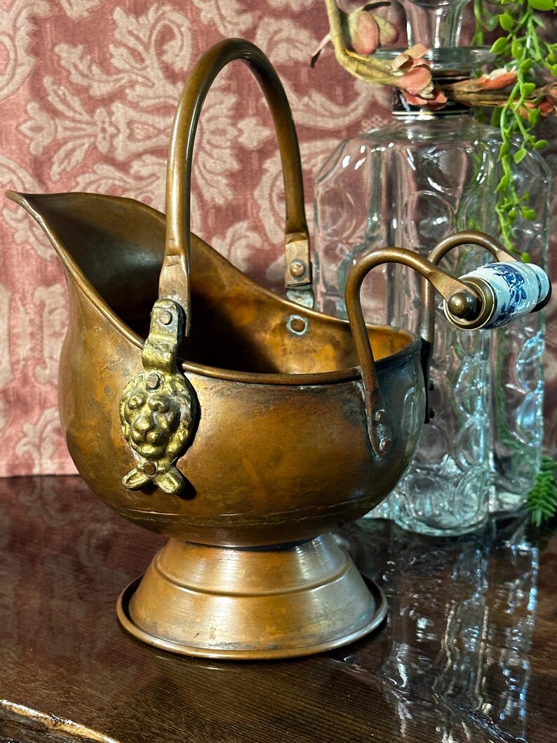 Vintage Copper and Brass Coal Scuttle Bucket Blue Delft Porcelain ...