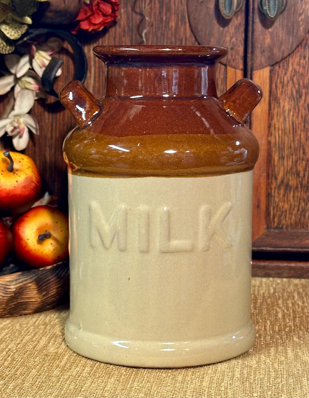 Vintage Brown Beige Glazed Drip Milk Jug Pitcher Handles Jar Utensil ...