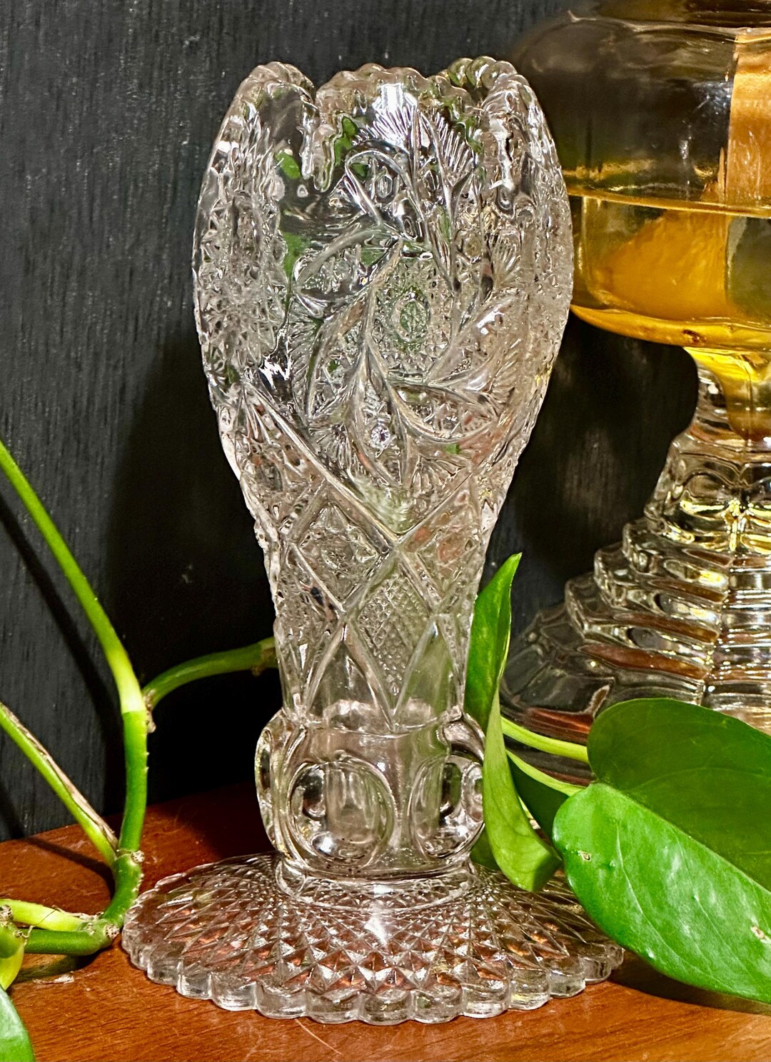 Vintage Cut Glass Corset Vase: Scalloped Pedestal, Pinwheel & Star ...
