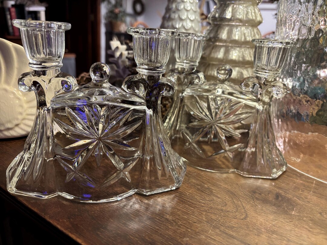 Anchor Hocking EAPG Vintage Cut Glass Double Arm Candleholders (set ...
