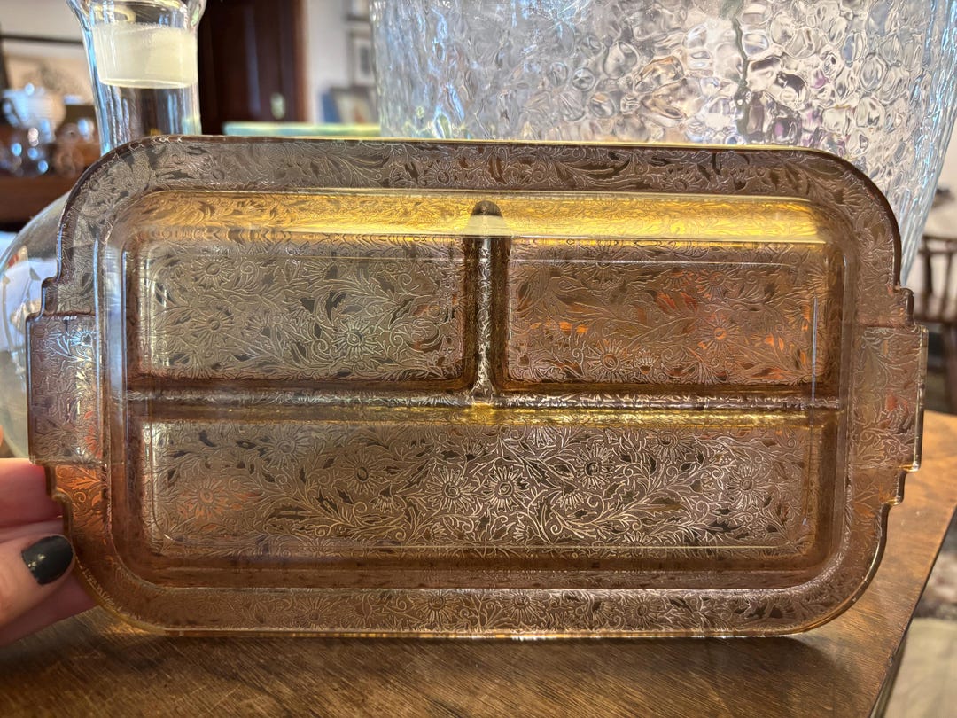 Rare MCM 22k Weeping Gold Plated Divided Glass Tray / Vanity Décor ...