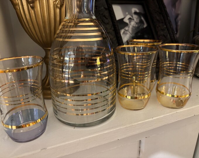 Rare MCM Retro Gold Stripe Glass Decanter (4) Glasses Set - Etsy