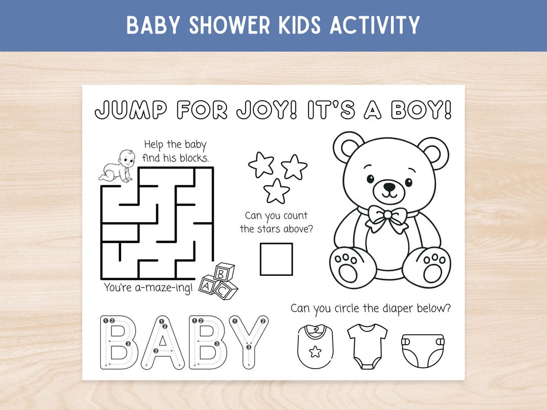 Boy Baby Shower Kids Activity Sheet, It's a Boy Baby Shower Coloring ...